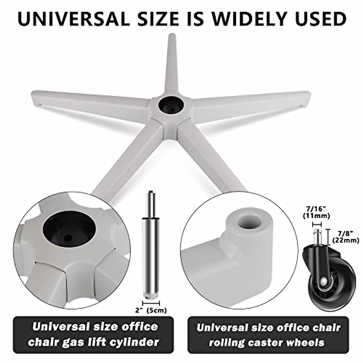 Desk Chair Base Replacement 28 Inch with Reinforced Metal Legs-Chair Bottom Part for Most Chairs, Universal Gas Cylinder and Caster Sockets,Grey