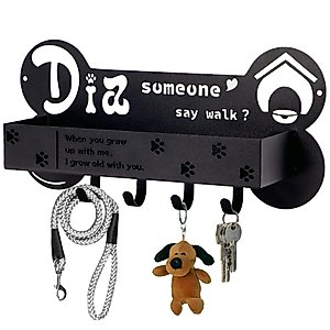 Deveosa Dog Leash Holder for Wall Decorative - Black Bone Shape Wall Mount Decor with 4 Hooks for Key and Leash Rack Hangers with Storage Shelf (Style 2)