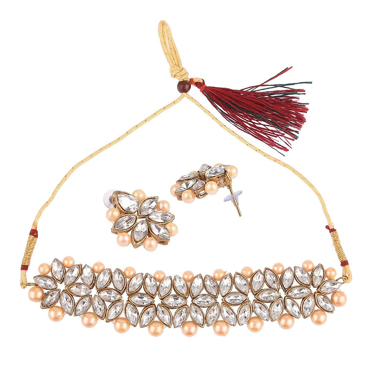 Efulgenz Crystal Pearl Choker Necklace Indian Jewelry Sets for Women Indian Jewelry Faux Pearl Floral Crystal Choker Necklace Stud Earrings Bollywood Wedding Choker Necklace for Women