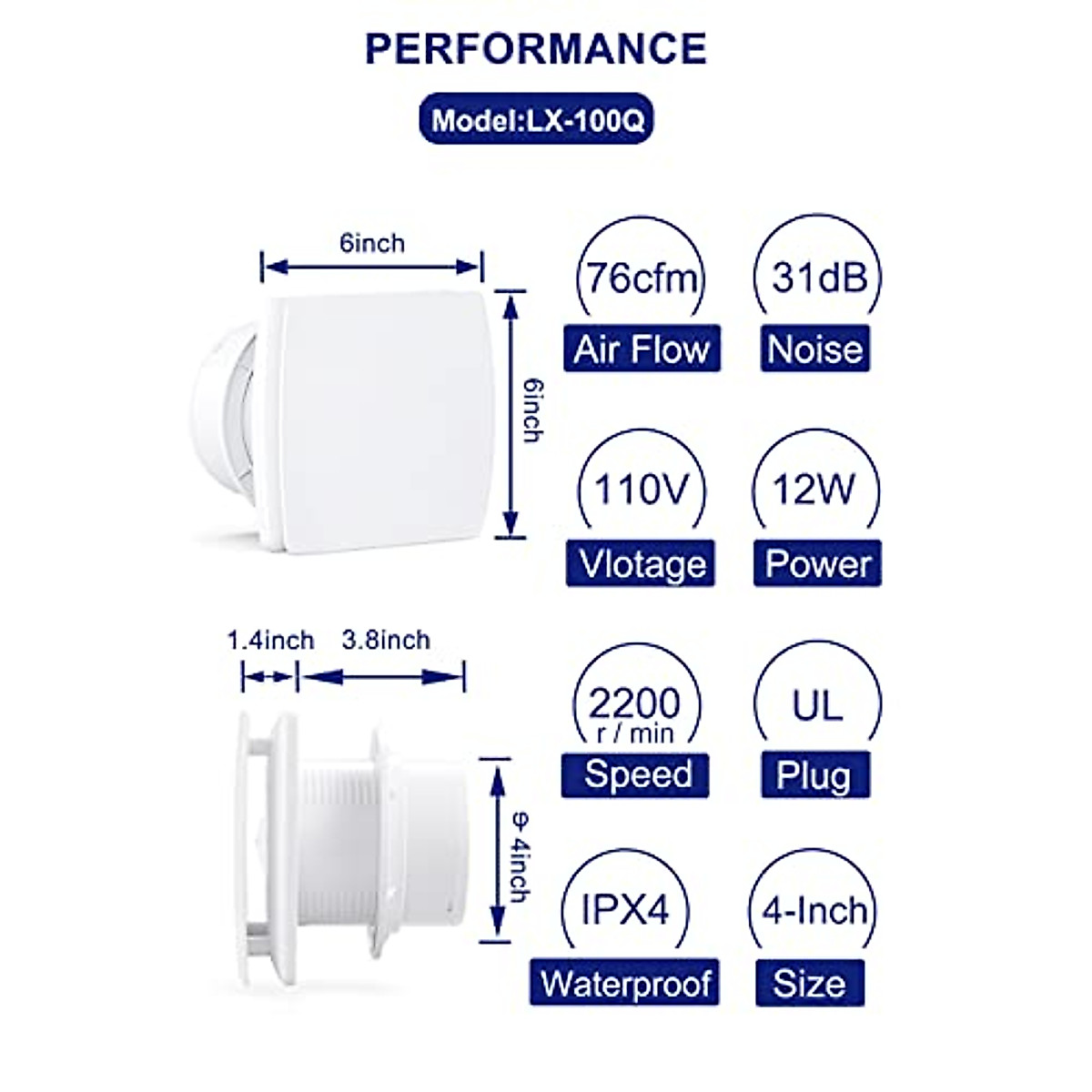 LouanXpert 4 Inch Exhaust Fan, 76CFM Bathroom Wall Exhaust Fan, Kitchen Exhaust Fan with Anti-backflow Check Valve, 3.3Ft US Cord for Kitchen, Greenhouse, Garage
