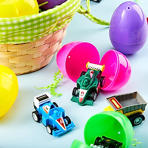 JOYIN 12 Pcs Filled Easter Eggs with Toy Cars, Colorful Prefilled Pull Back Construction Vehicle and Race Car for Kids Boys Hunt, Basket Stuffers, Party Favors