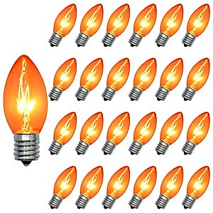 7W Halloween Orange Salt Light Bulbs, Full Size Scentsy Warm Light Bulbs, 25 Pack E17 Base C9 Style Bulbs, 120V Candle Lights, Outdoor Waterproof, Suitable for Everyday Home Decor and Halloween