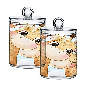 Kigai 2 Pack Apothecary Jars Cute Little Giraffe Qtip Holder Organizer Clear Airtight Container for Cotton Swabs Food Storage 14oz Plastic Jars with Lids