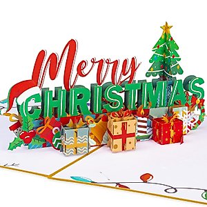 Paper Love Merry Christmas Pop Up Card, Handmade 3D Popup Greeting Cards, Gift For Christmas or Holidays, 5" x 7" Cover - Includes Envelope and Note Tag