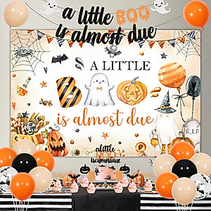 JOYMEMO Orange and Black Halloween Baby Shower Decorations, A Little Boo is Almost Due Backdrop, Banner, Cake Topper with Cupcake Toppers for Women Boy Girl He or She Gender Reveal Party Supplies