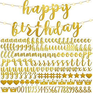TaoBary 167 Pcs DIY Banner Kit Glitter Customizable Birthday Banner Glitter Make Your Own Banner Kit 162 Letters Symbols and Numbers 2 String Lights 3 Rope for Birthday Wedding(Gold)