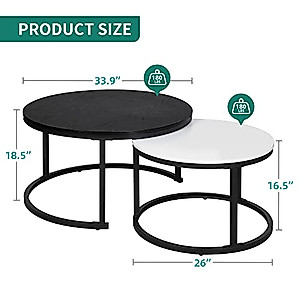 YITAHOME Nesting Coffee Table Set of 2, Modern Round Stacking Circle Coffee Tables with Storage, Wooden Top Metal Frame End Side Cocktail Tea Center Table for Living Room Home Office, Black and White
