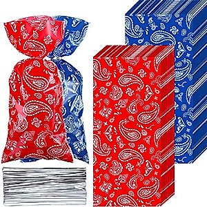 Sumind 100 Pieces Plastic Candy Bags Red Blue Western Party Treat Bags, Bandana Cellophane Goodie Favor Bags with 100 Silver Twist Ties for Kids Western Cowboy Birthday Party Supplies