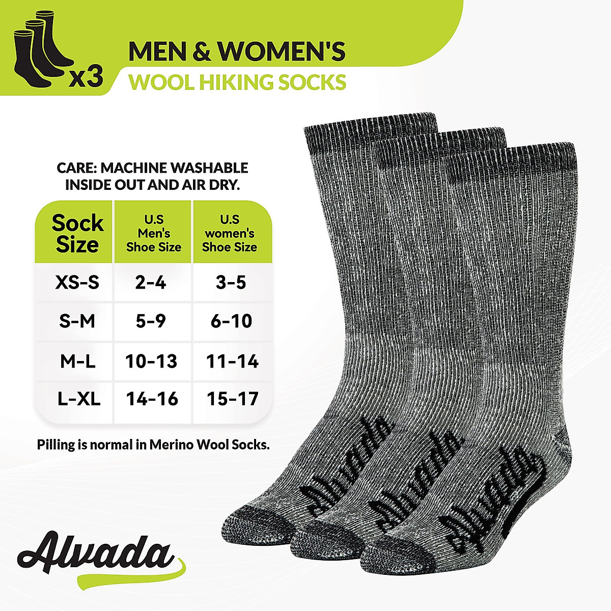 Alvada Merino Wool Hiking Socks Thermal Warm Crew Winter Boot Sock For Men Women 3 Pairs SM