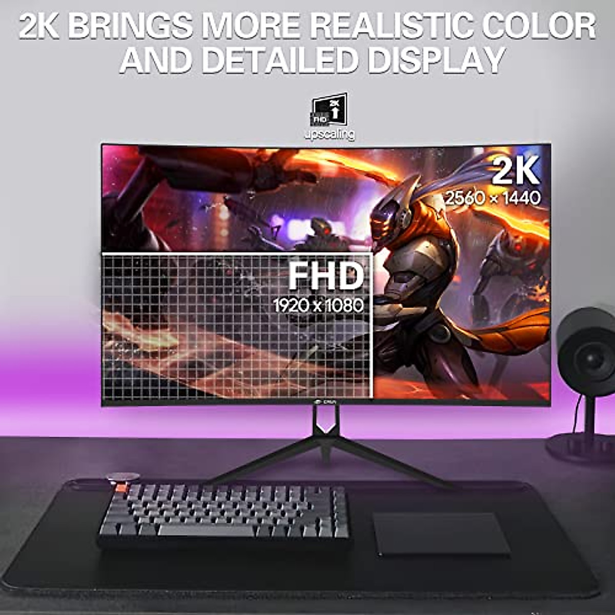 CRUA 27" Curved Gaming Monitor, QHD(2560x1440P) 144Hz/165Hz 99% sRGB Professional Computer Monitors, Support AMD FreeSync, Wall Mountable Installs(HDMI, DP)-Black