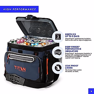 Titan Deep Freeze Cooler - 30 Can Zipperless Hardbody Cooler - Deep Freeze Insulation, HardBody Liner, and SmartShelf - Navy Blue