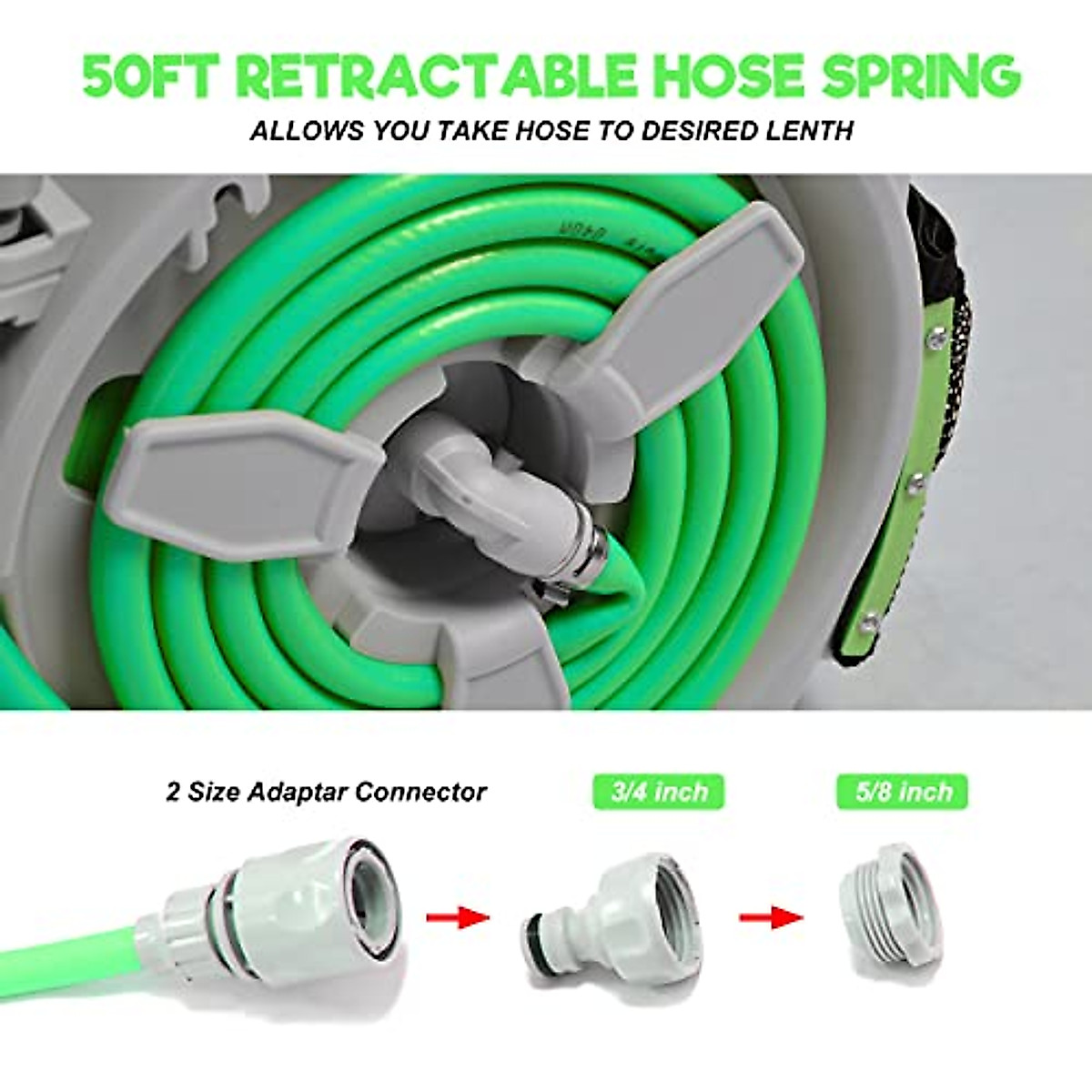 Sharellon Retractable Garden Hose Reel, Mini 50 FT Portable Garden Hose Reel, Heavy Duty Wall Mounted Hose Reel with 7 Patterns Spray Nozzle for Watering Flowers, Car Washing, Cleaning (Green)