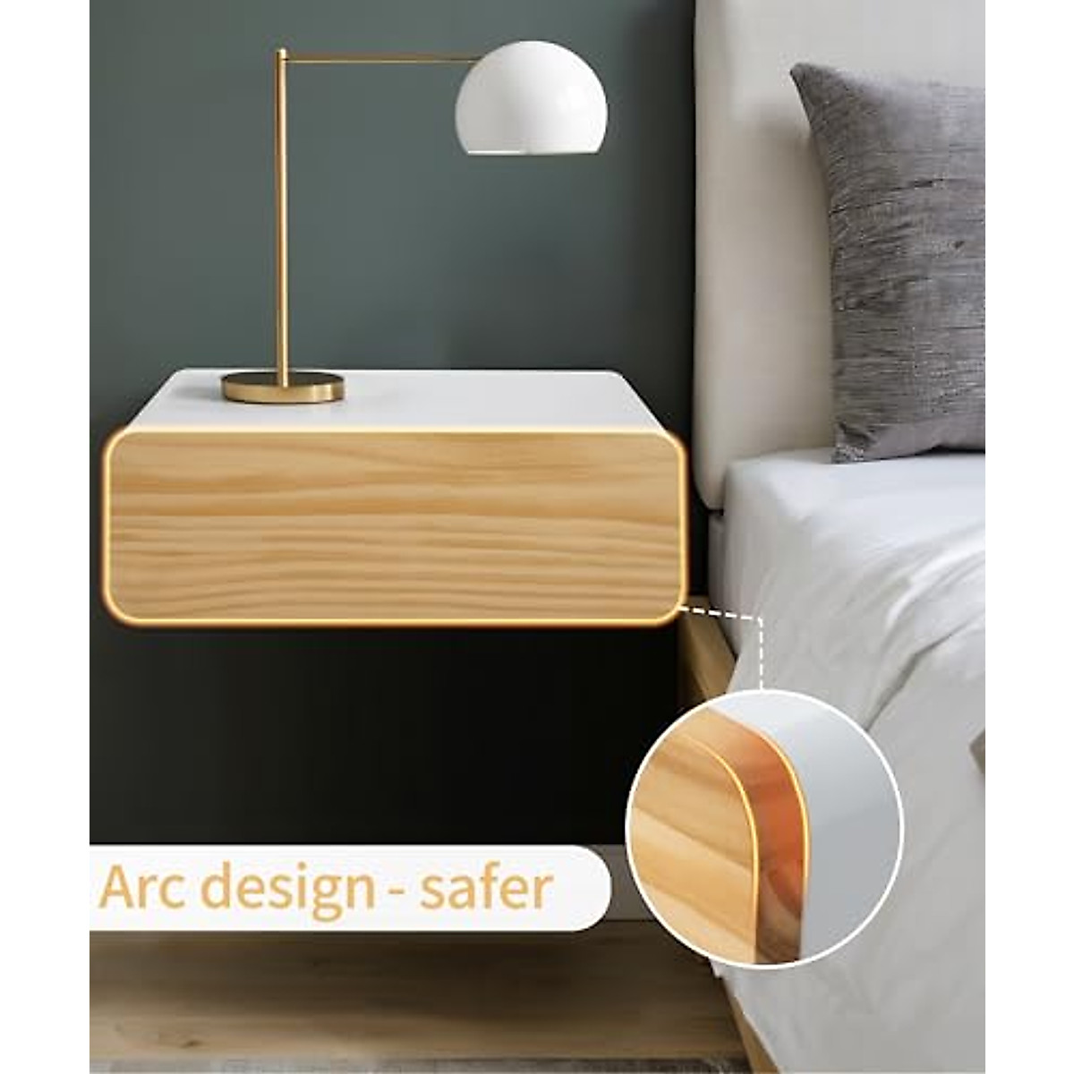 SUMGAR Floating Nightstand White with Drawers Modern Bedside Table Organiser Fully Assembled Shelf Small Spaces Wall Mounted Storage Wood Furniture for Bedroom Home Decor