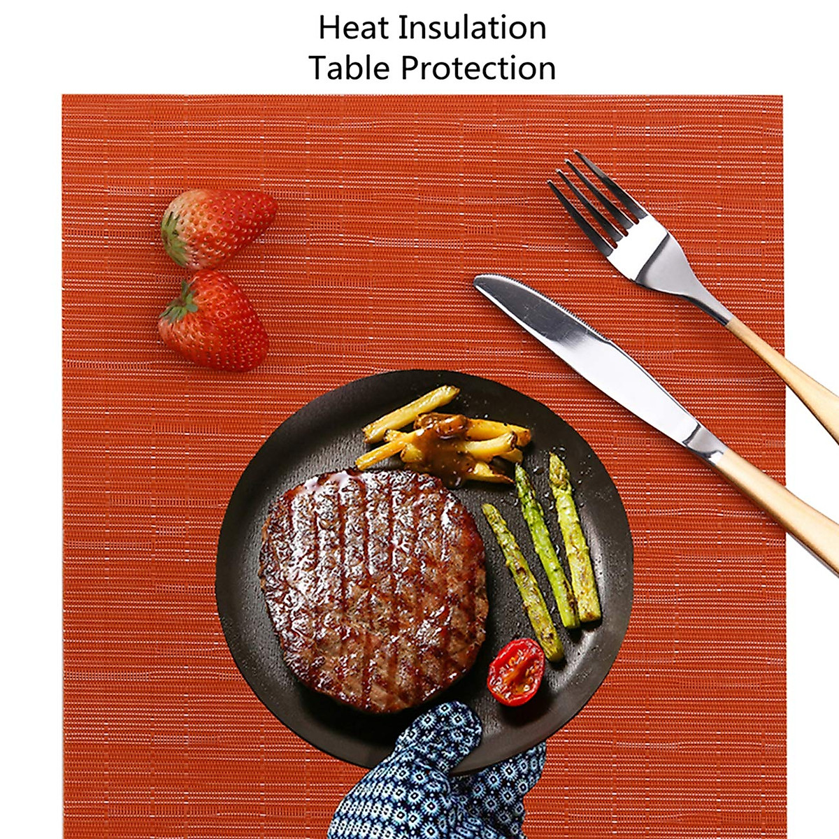 Myir JUN Place Mats, Table Mats Set of 8 Indoor Placemats Washable Non-Slip Heatproof Woven Placemats for Dining Table Fabric Place Mat PVC (Orange, Set of 8)