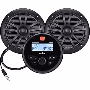 velex Marine Stereo Speaker Package Bluetooth, MP3 USB AM FM Marine Stereo - 2 x 6.5 Inch Black Speakers, Antenna