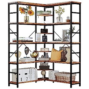 IRONCK Industrial Bookcases and Bookshelves, 5-Tiers Corner Bookcase with Curved Panels, L Shaped Shelf with Metal Frame for Open Storage for Living Room Home Office
