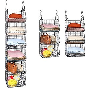 X-cosrack 6 Tier Closet Hanging Organizer, Clothes Hanging Shelves with 4 Hanging Hooks 5 S Hooks, Wire Storage Basket Bins, for Clothing Sweaters Shoes Handbags Clutches Accessories Patent Design