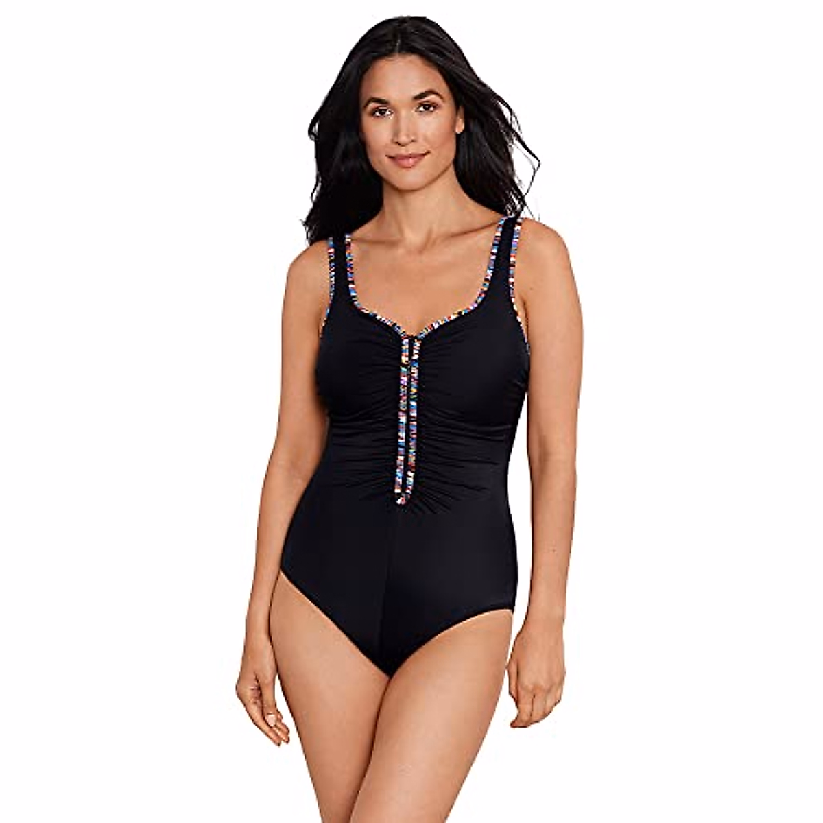 Penbrooke ShapeSolver Sport Women's Private Lines Shirred Zip Soft Cup One Piece Swimsuit, Multi, 16