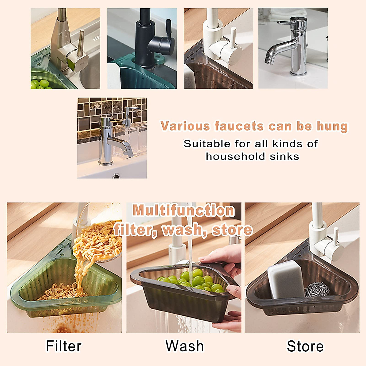 Kitchen Sink Drain Basket, Swan Basket Strainer Pack-3, Adjustable Kitchen Triangle Sink Filter with Sticky Hook and Cleaning Sponges Set of 3,for Kitchen Sink Faucet Hangs