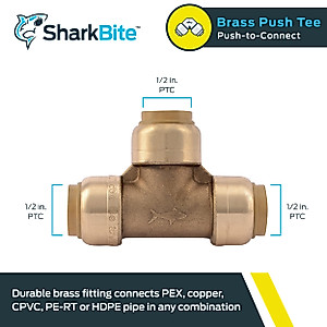 SharkBite 1/2 Inch Tee, Push to Connect Brass Plumbing Fitting, PEX Pipe, Copper, CPVC, PE-RT, HDPE, U362LFA