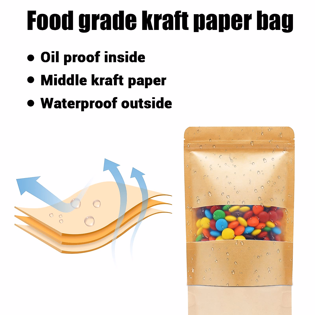 Kraft Bags With Window, 100 pcs 5.5" x 7.8", Stand Up Pouches, Sealable Bags for Packaging, Zip Lock Bags With Stickers and Spoon, For Cookie Bags/Candy Bags/Coffee Bags/Food Storage Bags (Brown)