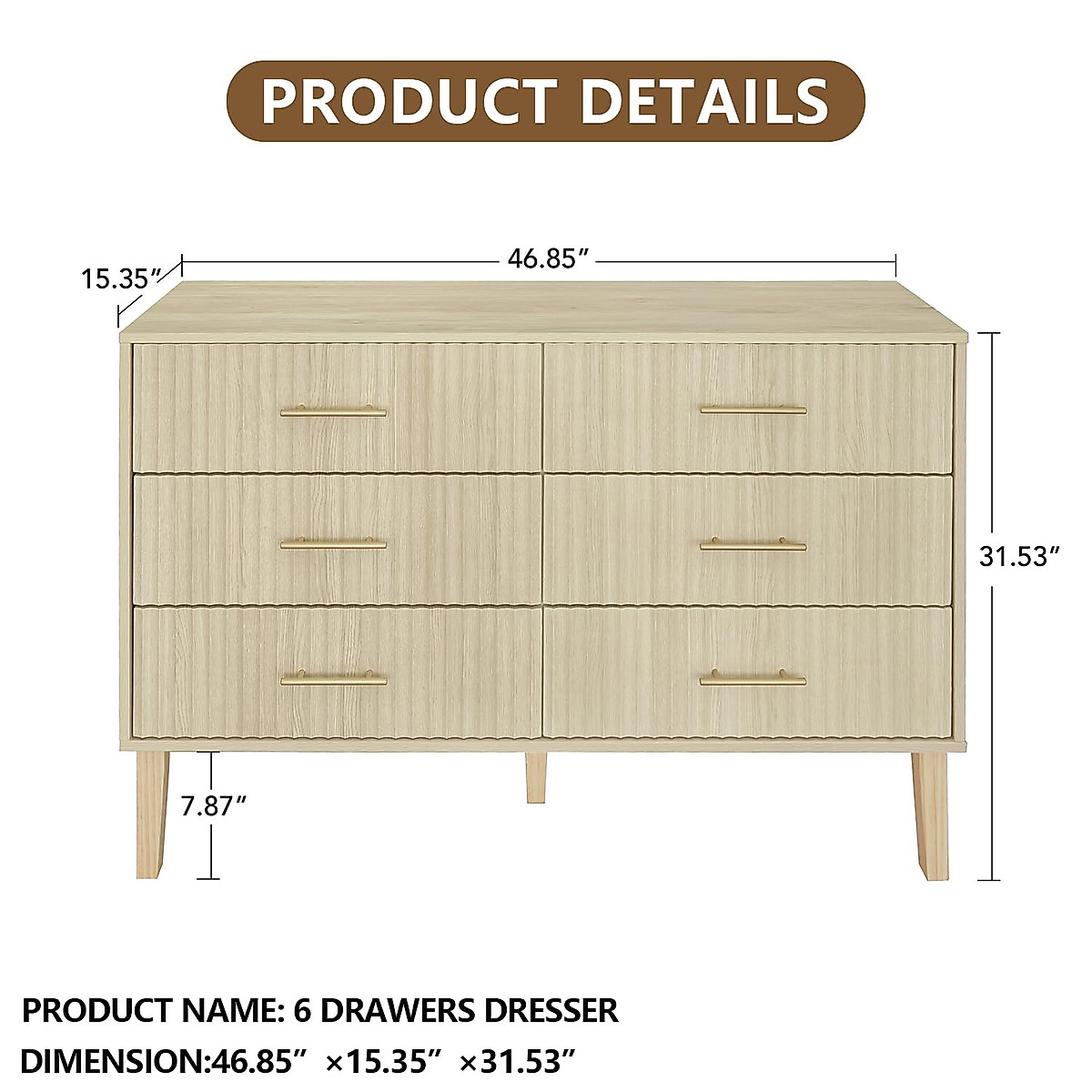 Athuiline 6 Drawers Dresser for Bedroom Chest of Drawers with Wood Legs Modern Wood Storage Cabinet with Metal Handles for Bedroom Living Room Kitchen Hallway Entryway (Khaki)