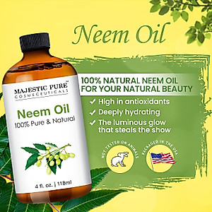 MAJESTIC PURE Neem Essential Oil | 100% Pure and Natural Neem Oil Spray for Plants, Outdoor Plants, Hair Care, Home Diffusers, Skin, Aromatherapy, Massage and Humidifiers | 4 Fl Oz
