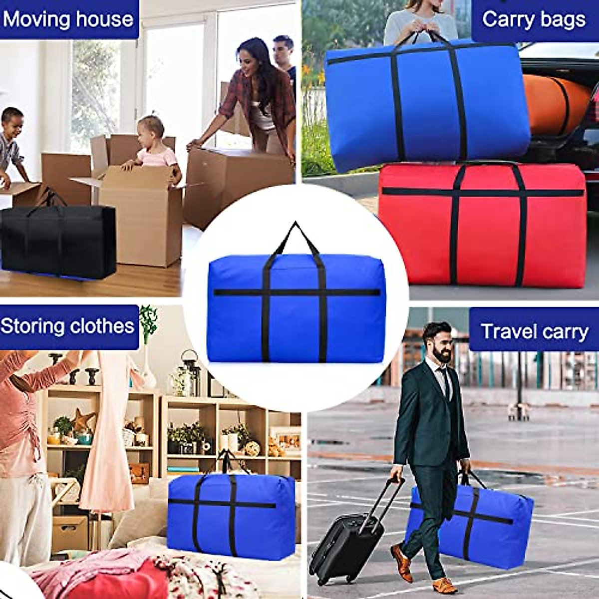 Large Moving Storage Bags, Extra Waterproof Moving Luggage Sturdy Foldable Resistant Bags Totes with Zippers Reusable Shopping Bag College Carrying Bag Travel Home Storage Packing 2 Pack (XL, Blue)