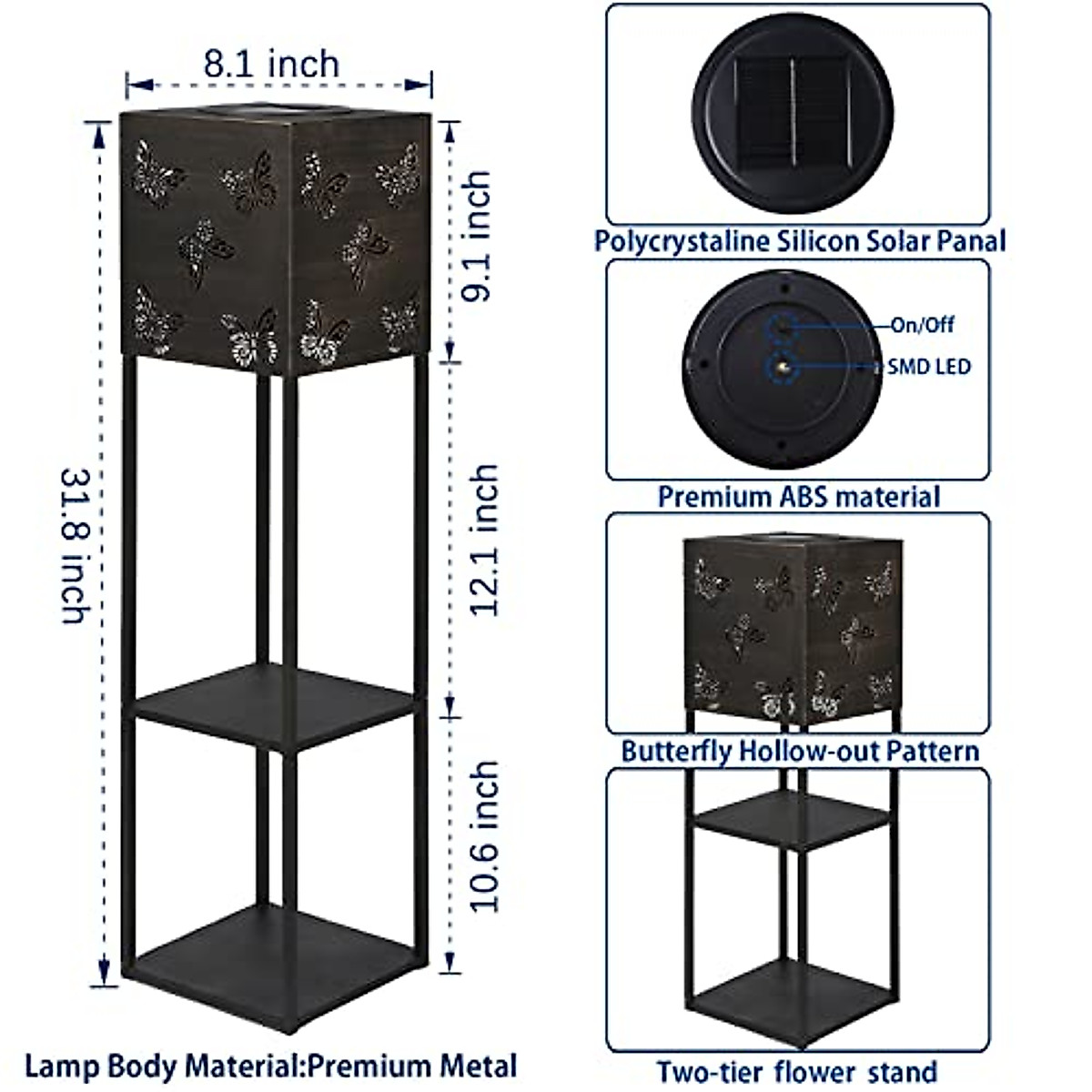 GCMacau Solar Garden Lights, Butterfly Hollow Out Projection 2 Tier Flower Stand Solar Lantern Decorative, Premium Metal 3500K LED Solar Landscape Lights Outdoor Waterproof for Patio Lawn Yard