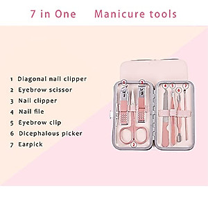 Pink Manicure Set Beauty Tool Portable - Nail Clipper Pedicure Grooming Kit Stainless Steel 7 in 1 Luxury Leather Travel Case, for Woman Girl Home Travel Gift Giving