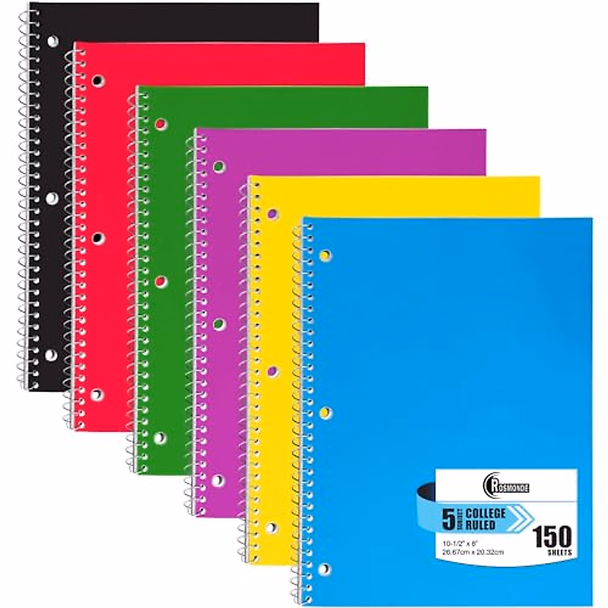 Rosmonde 5 Subject Spiral Notebook College Ruled, 6 Pack, 300 Pages (150 Sheets), 8" x 10-1/2", School & Office Note Books, Sturdy Spiral Bound, Soft Cover, Assorted Fun Colors, 5 Subject Notebooks