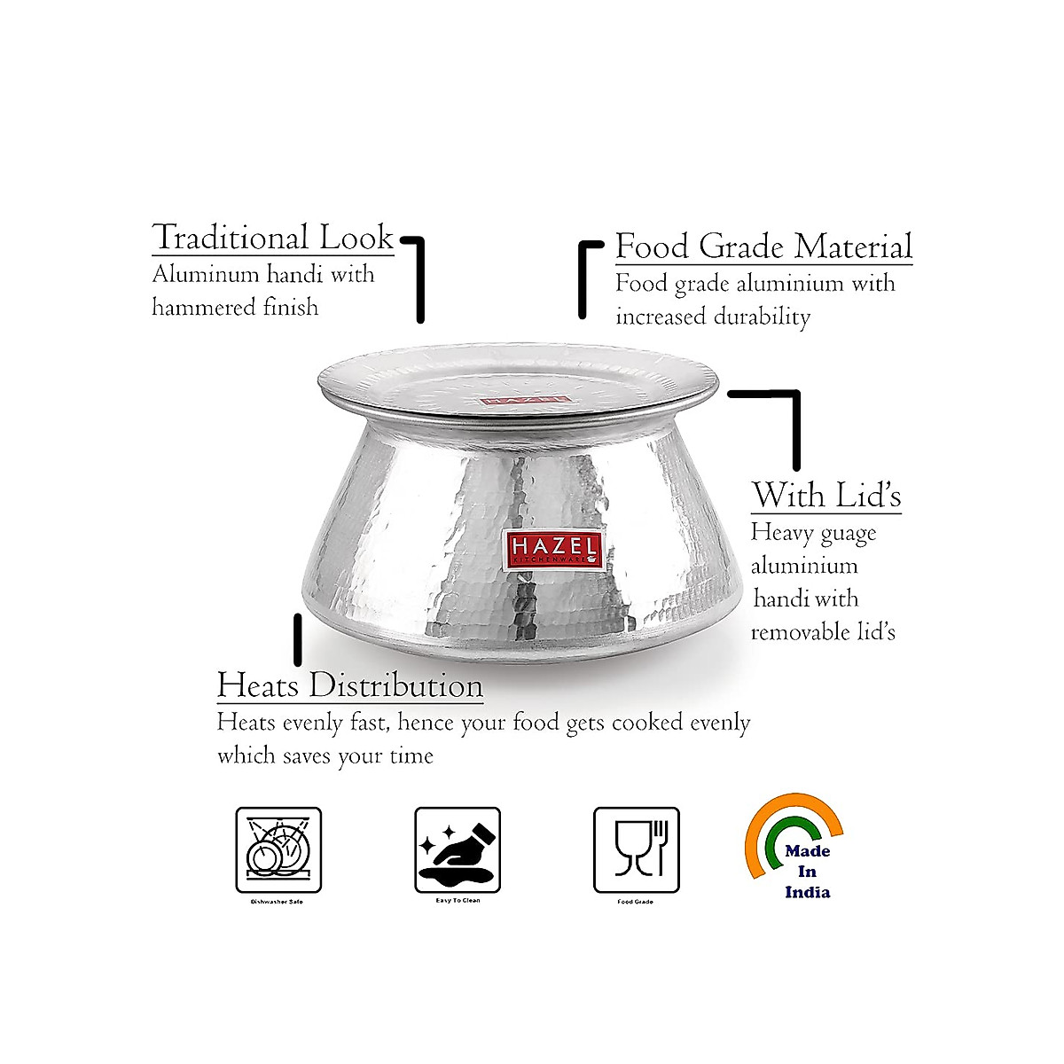 HAZEL Aluminium Hammered Finish Handi with Lid Biryani Rice Cooking Pot Degri Tope Patila, 23 cm, 5 Litre (7200 ML)