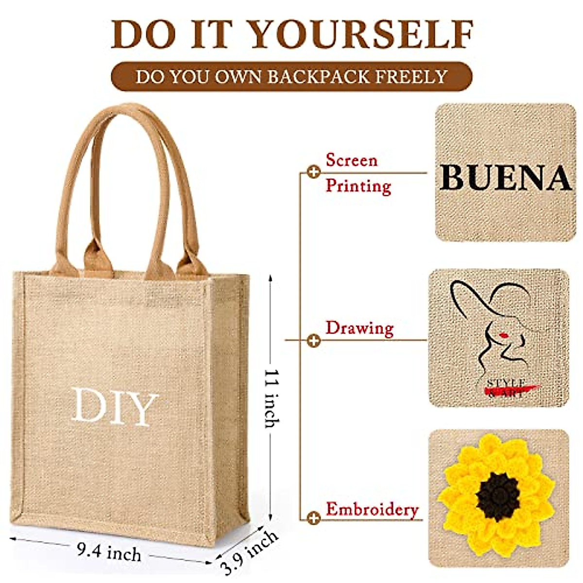 16 Pcs Burlap Tote Bags with Handles and Laminated Interior Reusable Blank Bridesmaid Gift Bags Grocery Beach Bag for Shopping Wedding Party Embroidery DIY Art Crafts, 11 x 9.4 x 4 Inches Khaki