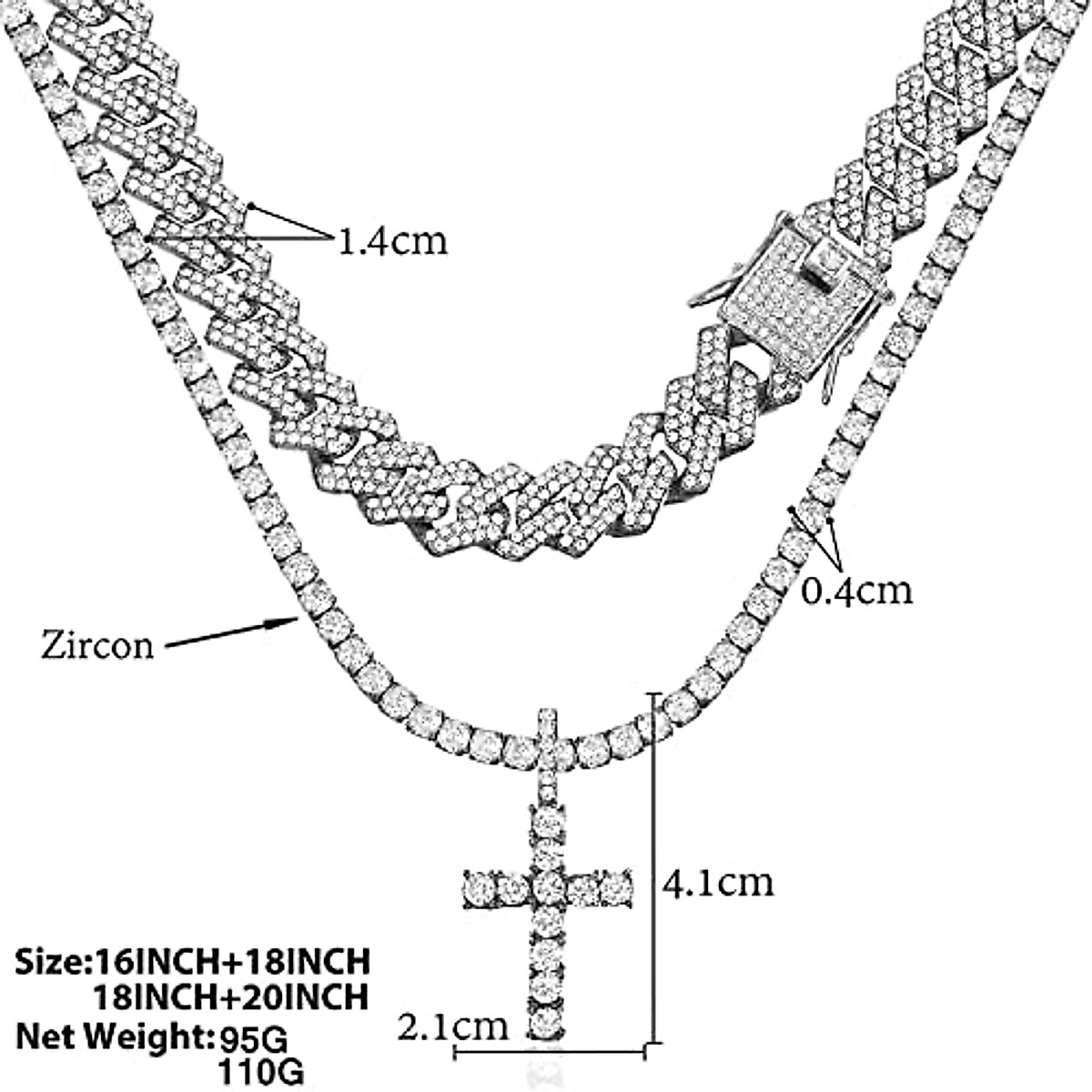 DLSIXNCO Cuban Link Chain for Men Women Cross Necklace for Men women Iced Chain Miami Cuban Link Chain Cross Pendant Diamond Chain for Men Boys Religious Jewelry Gift (Silver, 16"+18")