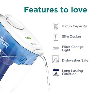 PUR PLUS 11-Cup Water Filter Pitcher with 1 Lead-Reducing PUR Plus Filter, Dishwasher Safe, Powerful Filtration, Filter Change Indicator Light, White, PPT111W