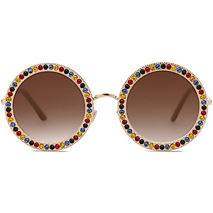 SOJOS Shining Oversized Round Rhinestone Sunglasses Festival Gem Sunnies SJ1095 with Gold Frame/Gradient Brown Lens with Colored Diamonds