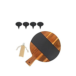Charmont Large Round Charcuterie Board with Handle Acacia Wood Cheese Board with Slate Serving Platter Slate Cheese Markers Set and Chalk - Food, Cheese and Meat Cutting Board - 11.5 inches