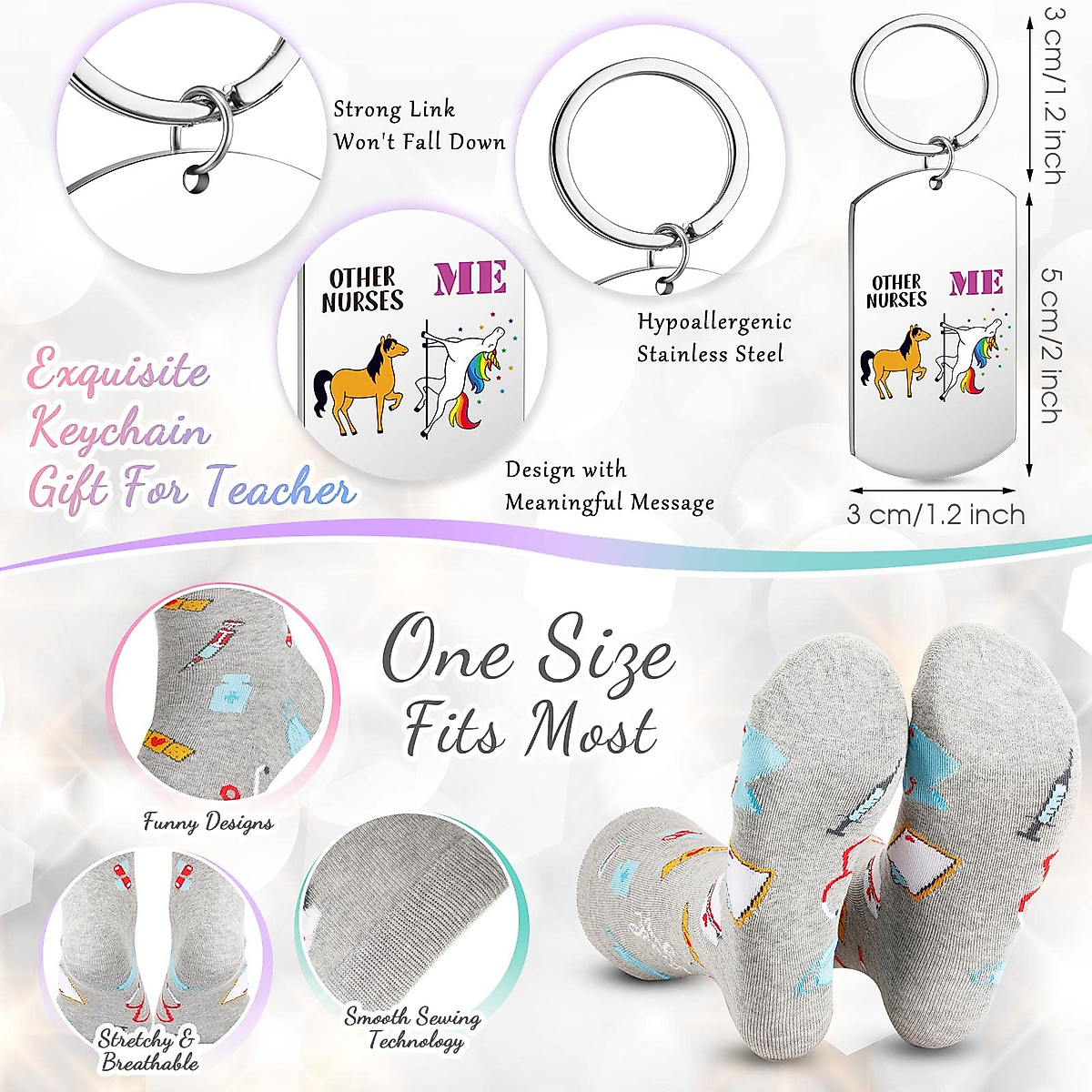 3 Pieces Novelty Nurse Gifts Set Including 20 oz Tumbler Mug Nurse Themed Crew Sock Other Nurses Me Unicorn Keychain, Chrismas Birthday Present for Nurse, Registered Nurse, Nurse Practitioner