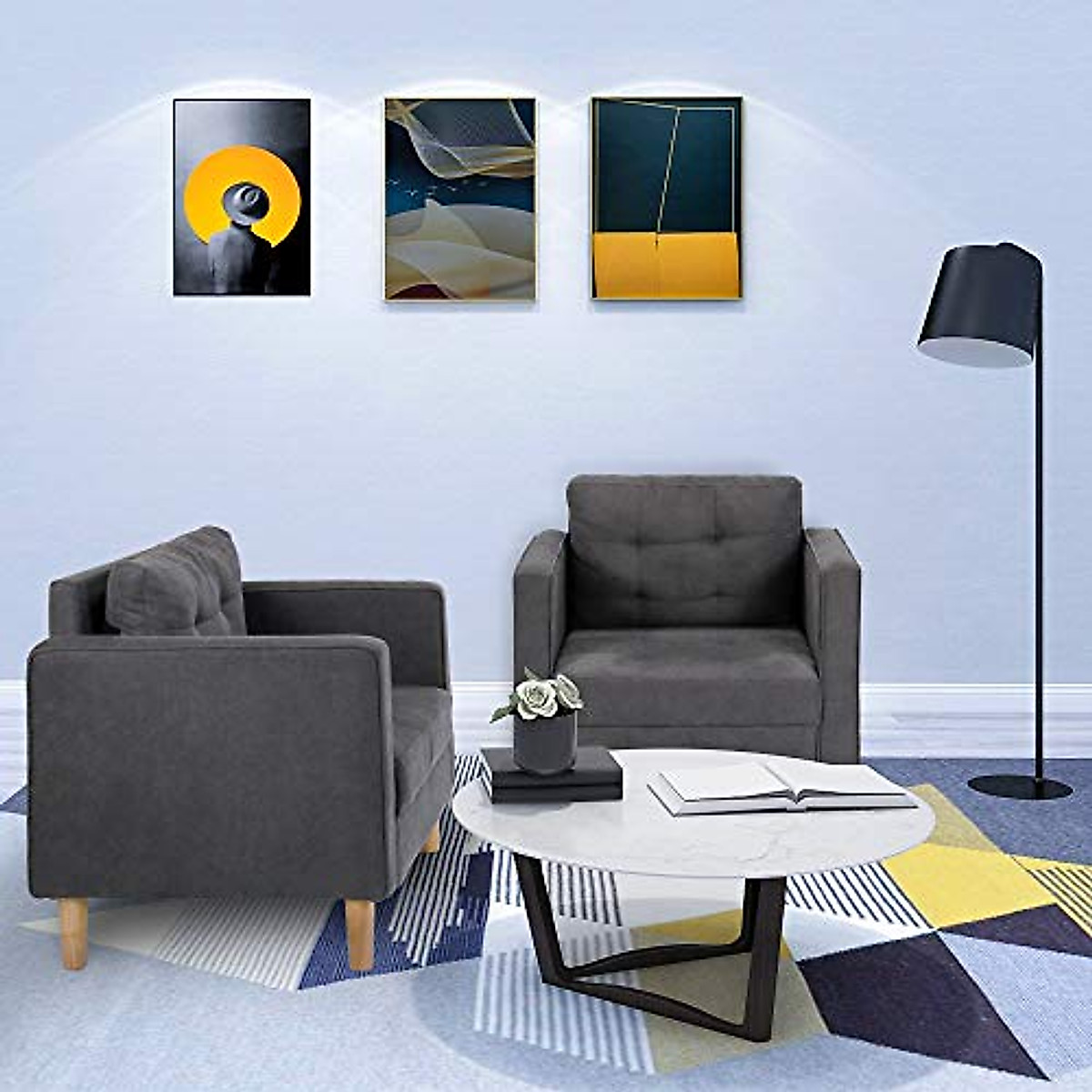 STHOUYN Mid Century Modern Upholstered Fabric Accent Chair with Arms Set of 2 Armchair Comfy Reading Chair for Living Room Studio Office Couch, Single Sofa Set Bedroom Grey