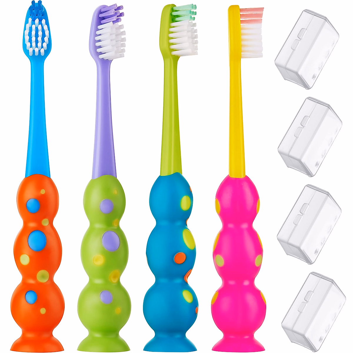 Kids Toothbrush 4 Pack - Soft Bristles with Suction Cup - Toothbrush Kids, Child Sized Brush Heads, 3-10 Year Old Kid Toothbrush with Easy Storage - Toddler, Girl and Boy Set (4-Pack, Multi-Color)