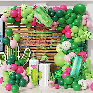 144Pcs Cactus Fiesta Balloon Arch Garland Kit Hot Pink Green Cactus Foil Balloons for Mexican Cactus Taco Birthday Party Summer Jungle Hawaiian Luau Succulent Tropical Party Decorations