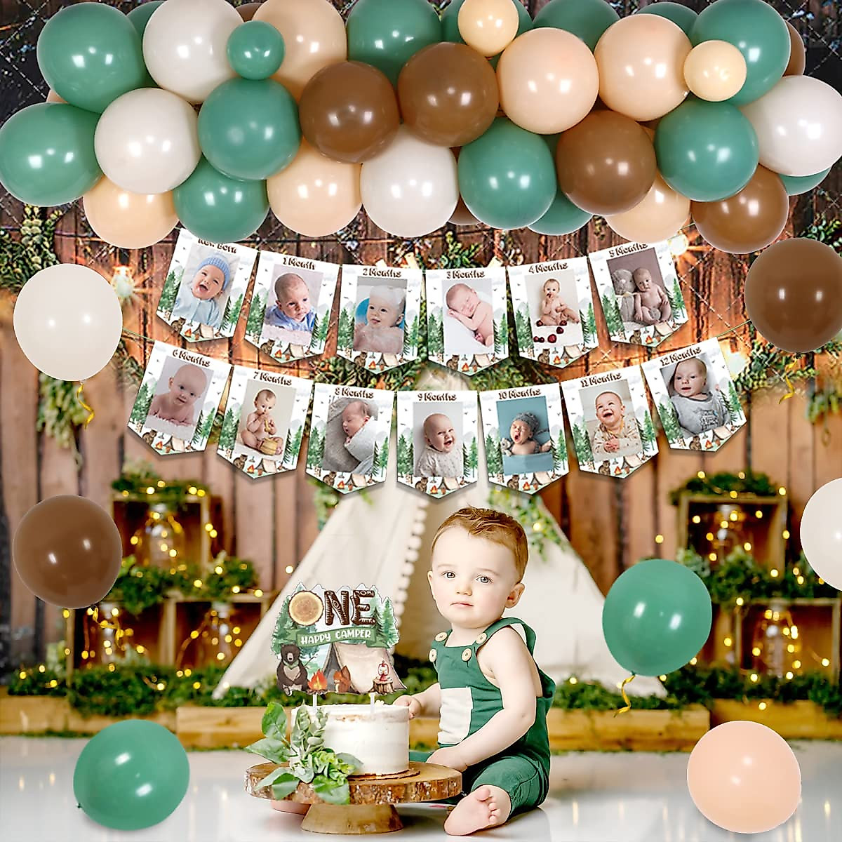 One Happy Camper Birthday Decorations for Kids Green Balloon Garland One Happy Camper Photo Banner Cake Topper 1st Forest Camping Birthday Backdrop Adventure Let’s Go Camping Party 1st Supplies