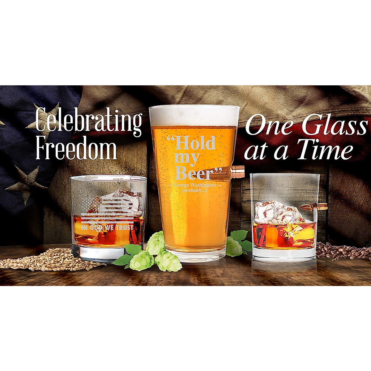 Lucky Shot - American USA Flag With Blue Line Design Whiskey Glass | United States Constitution and We The People | Old Fashioned Rocks Glasses | Whiskey Glasses Gift for Men (11 oz)