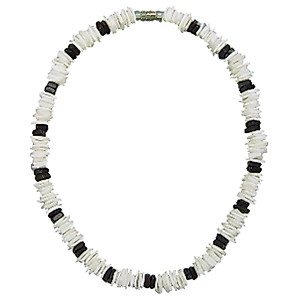 Native Treasure 16" Mens and Womens Summer Beach Surfer Necklace From the Philippines, White Rose Clam Chips Ark Shells with Real Black Clam Chips Accents