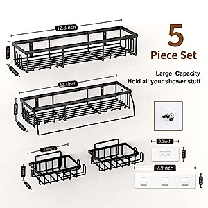 5 Pack Shower Caddy, Shower Shelf for Inside Shower, Bathroom Shower Organizer, Self Adhesive Shower Shelves, No Drilling Shower Rack Shower Storage with 20 Hooks, 2 Soap Holder, 1 Hanging Rod (Black)