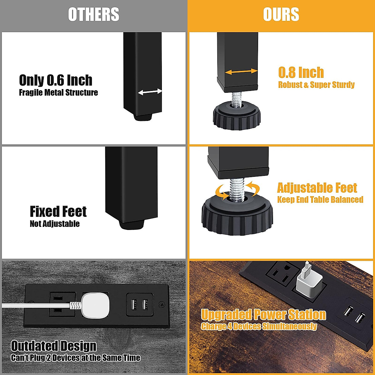 TOWPONICS Nightstand with Charging Station, Bedside End Table with USB Ports and Outlets, Side Table with 3 Fabric Drawers, 2-Tier Shelf, Night Stand for Bedroom Room, Rustic Brown, 28inch