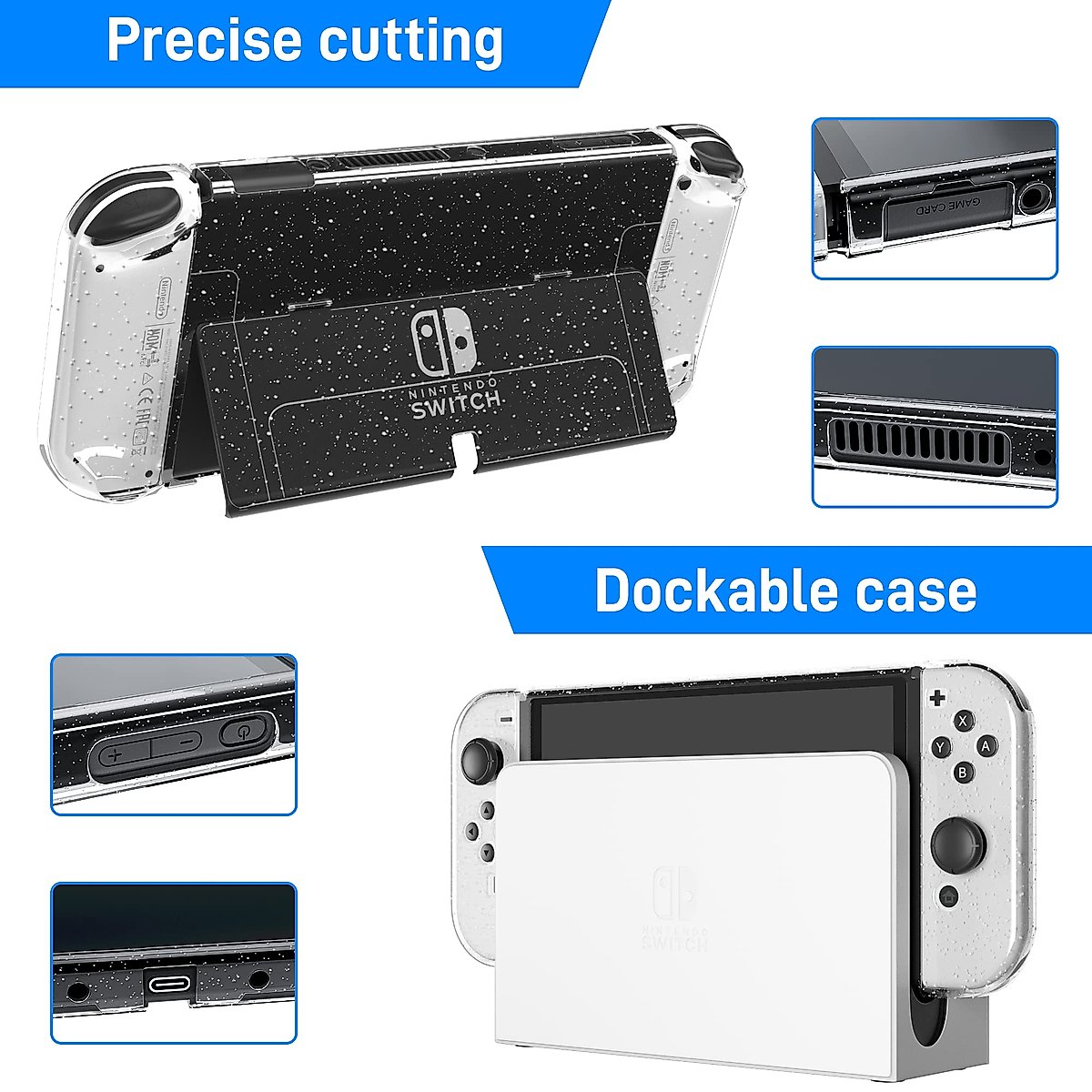 RHOTALL Glitter Case Compatible with Nintendo Switch OLED, Clear Sparkle Dockable Shell for Switch OLED and Joycon Controller, Comfort Grip Case with Shock-Absorption and Anti-Scratch Design