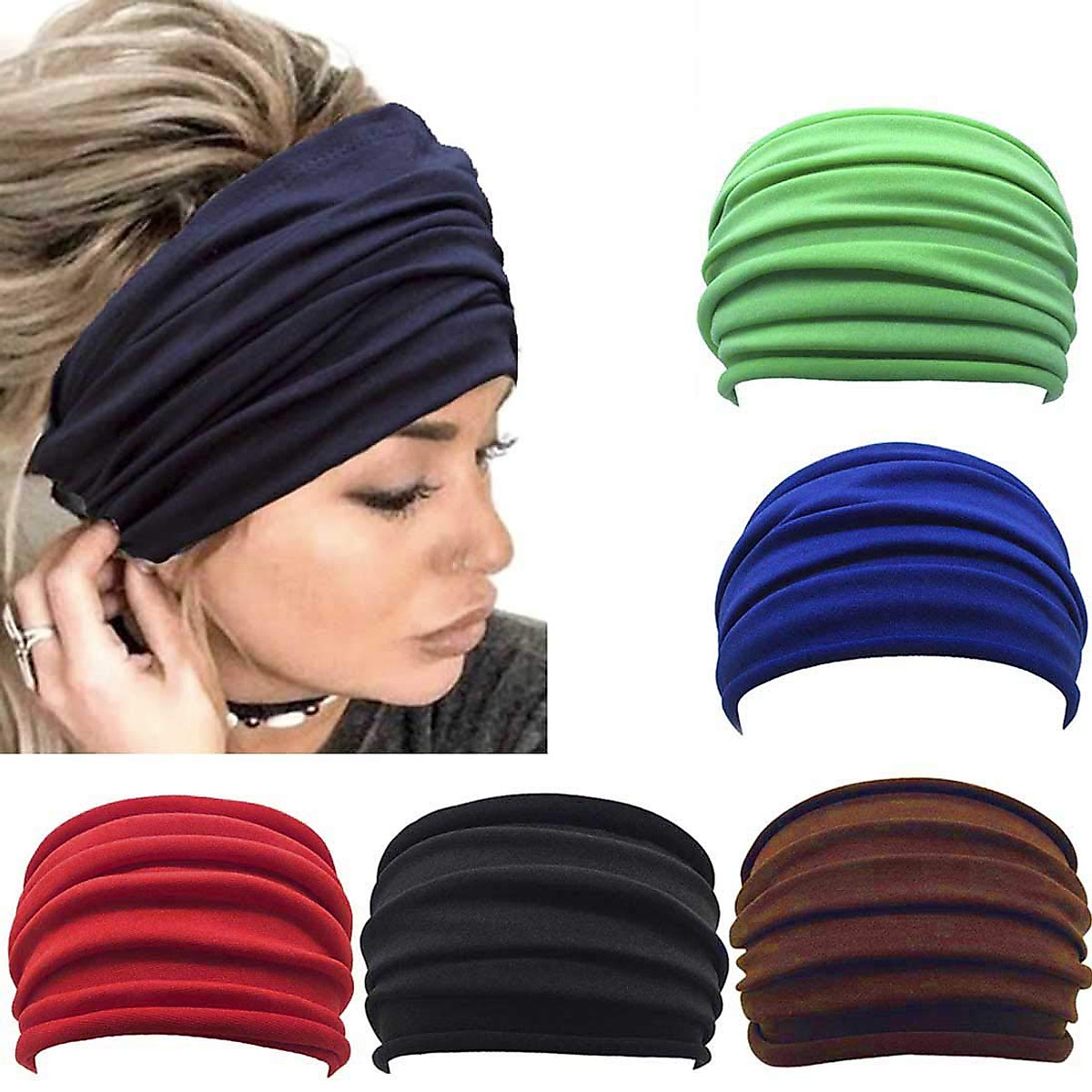 Fashband Boho Headbands Black Extra Wide Headband African Head Wraps 5 Pcs Wide Stretchy Hair Accessories for Women