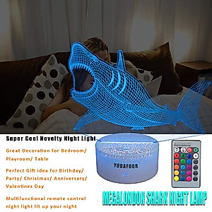 YODAFOOR Shark Night Light, 3D Illusion Megalodon Night Lamp for Kids, 16 Color Changing with Dimmable Remote Control, Toy Shark Birthday Christmas Gifts for Girls Boys, Bedroom Shark Theme Decor