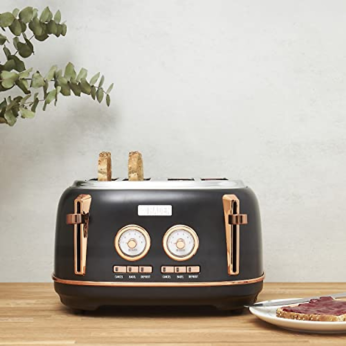 Haden 75083 DORSET 4 Slice Toaster, Wide Slot with Removable Crumb Tray and Settings, Black/Copper